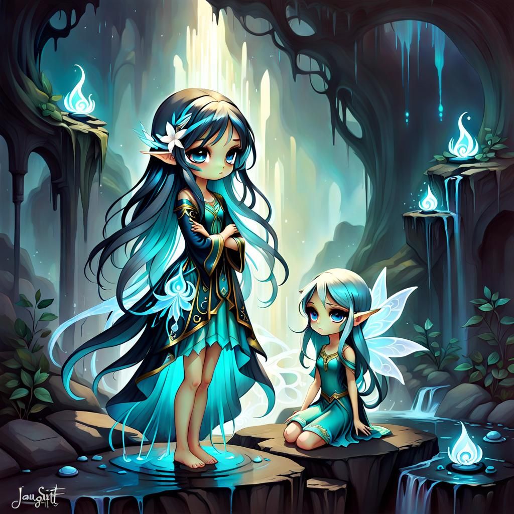 adorable full body sad pixie girl with large expressive crying eyes, long flowing beautiful hair ...