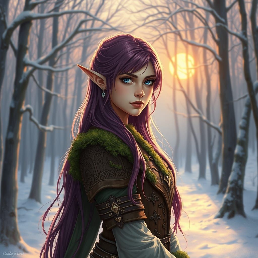 Winter Elven Druidess in Wooden Moss Armor - AI Art