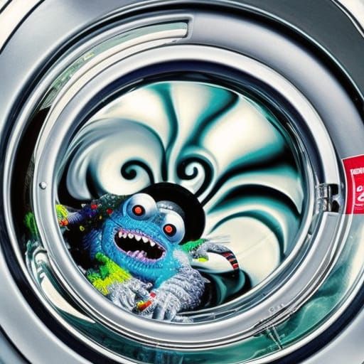 A washing Machine with a monster stuck inside during the wash cycle ...