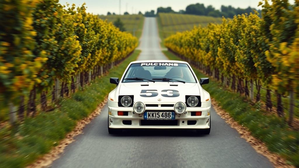 A white 924 rally car speeds down a narrow road through vineyards ...