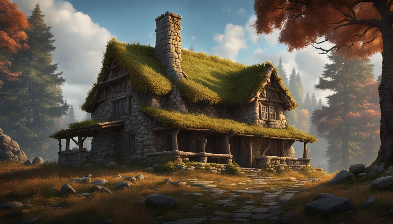 a big, rustic stone house with a straw roof, in the forest - AI ...