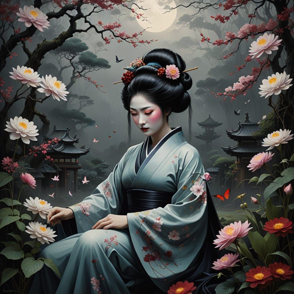 Ethereal energy hallucination, gothic geisha writing poetry, flower ...