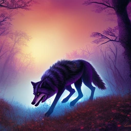 wolves running through woods, background; sunset, sunset color scheme ...