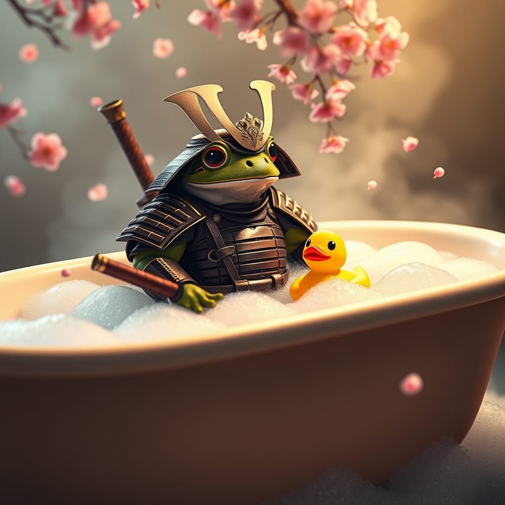 A serious frog samurai with a tiny sword relaxing in a bubble bath ...