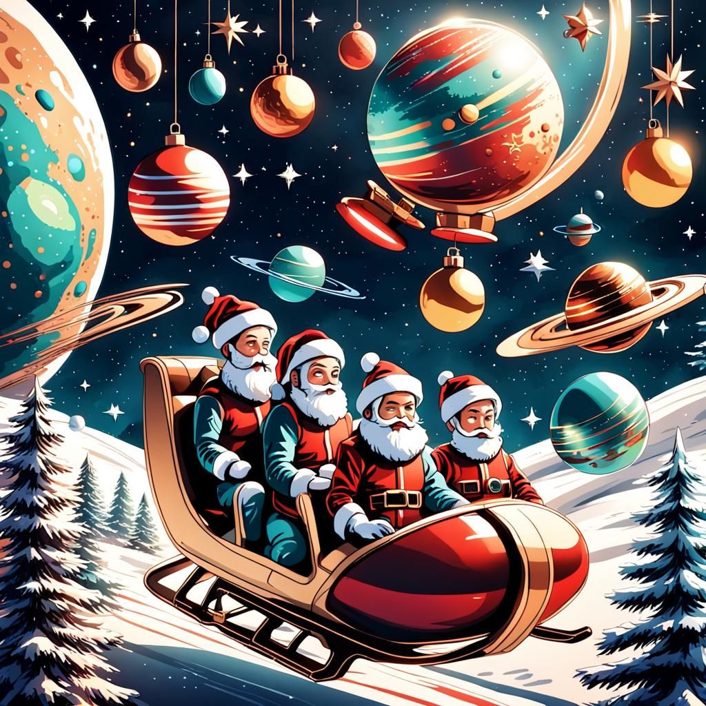 a futuristic Christmas celebration in space with planets as ornaments ...