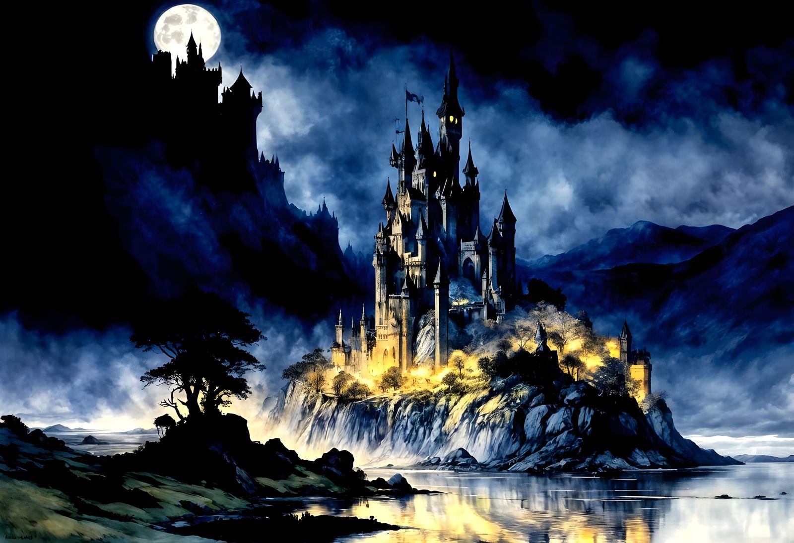 Fantasy fairy castle, landscape, by Arthur Rackham