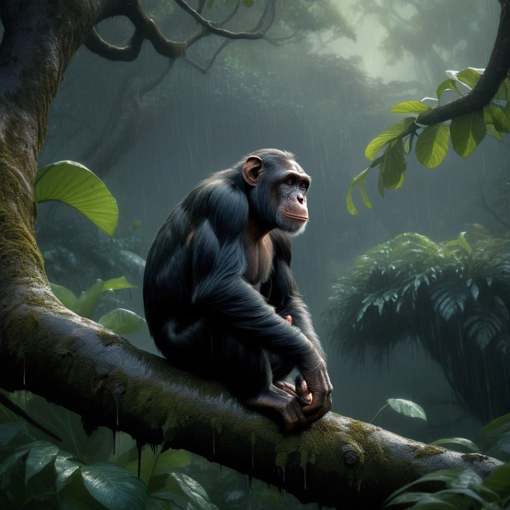 Chimpanzee jungle photorealism - Misty Jungle Chimpanzee in...