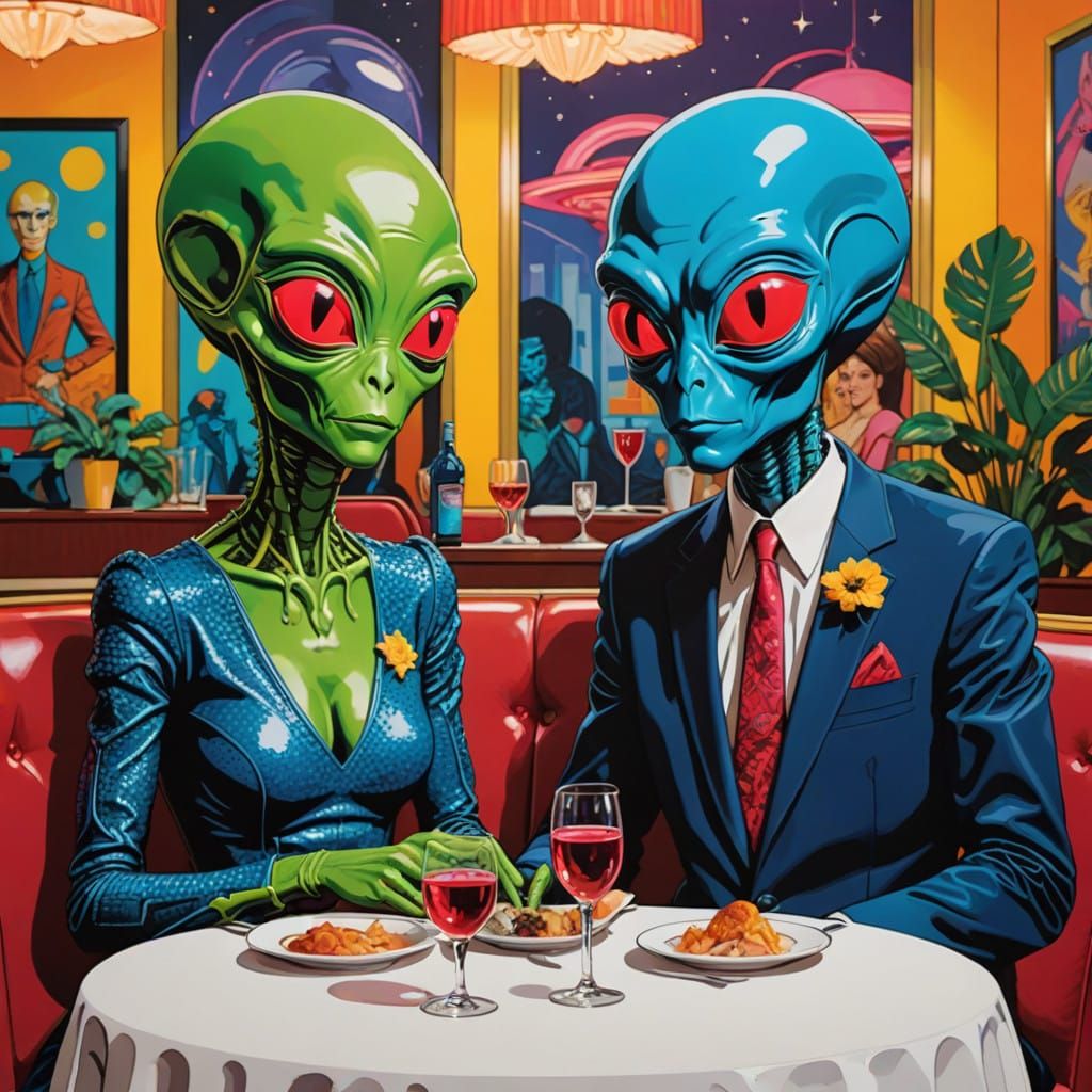 Bold Pop Art Aliens on a Date in a Fancy Restauran... - AI Art