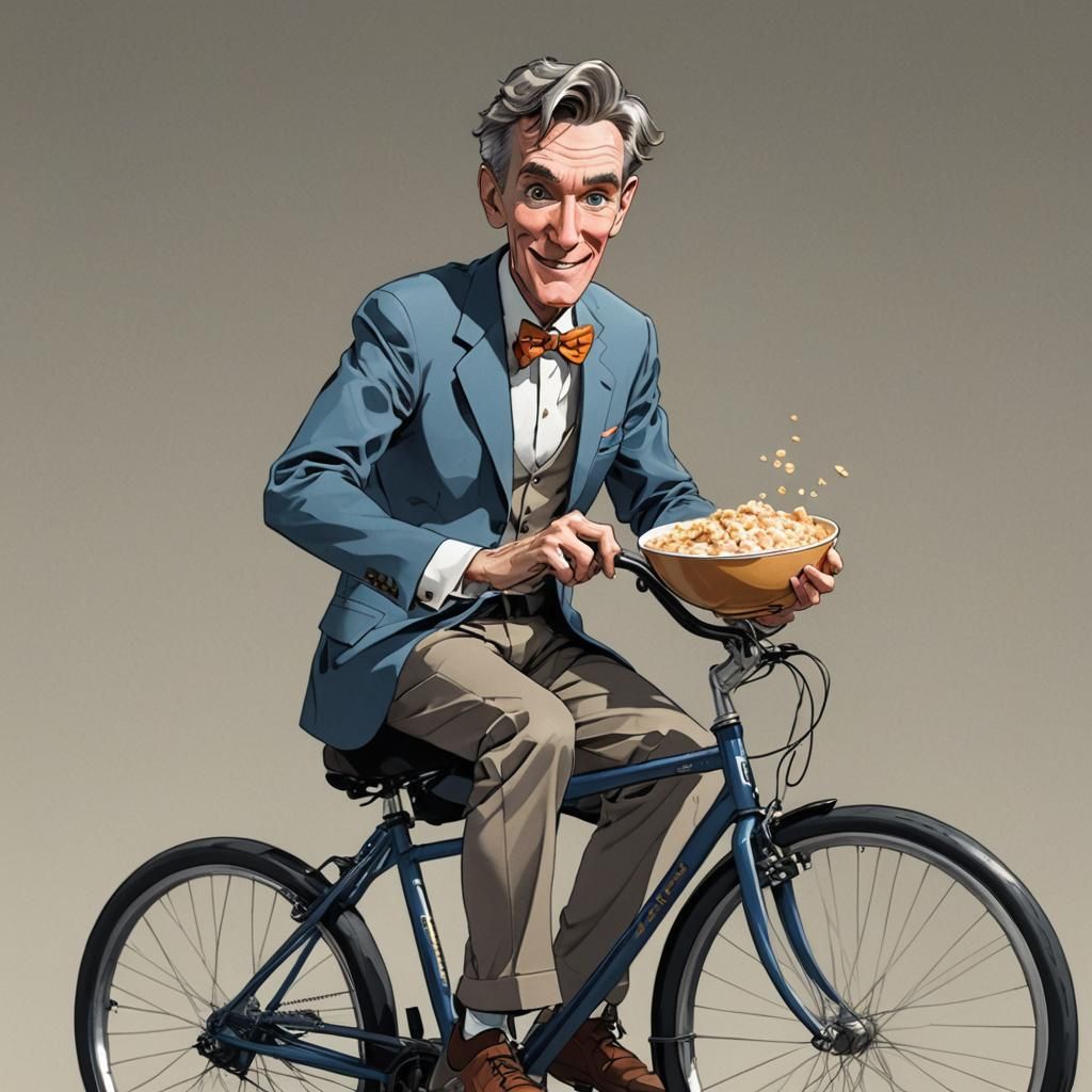 bill nye riding a bicycle and eating a bowl of oatmeal - AI Generated ...