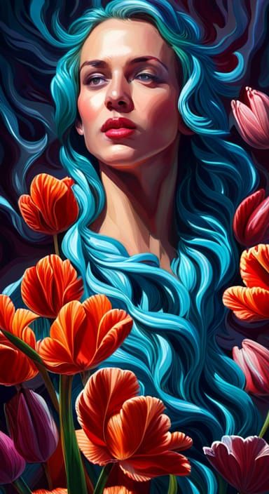 Oil painting of tulips in storm and thunder inside Glass , psychedelic ...