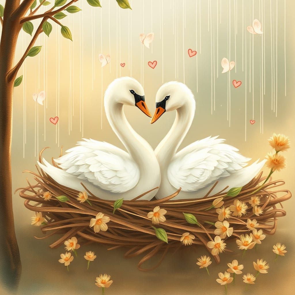 Serenely Adoring Swans in Whimsical Storybook Styl... - AI Art