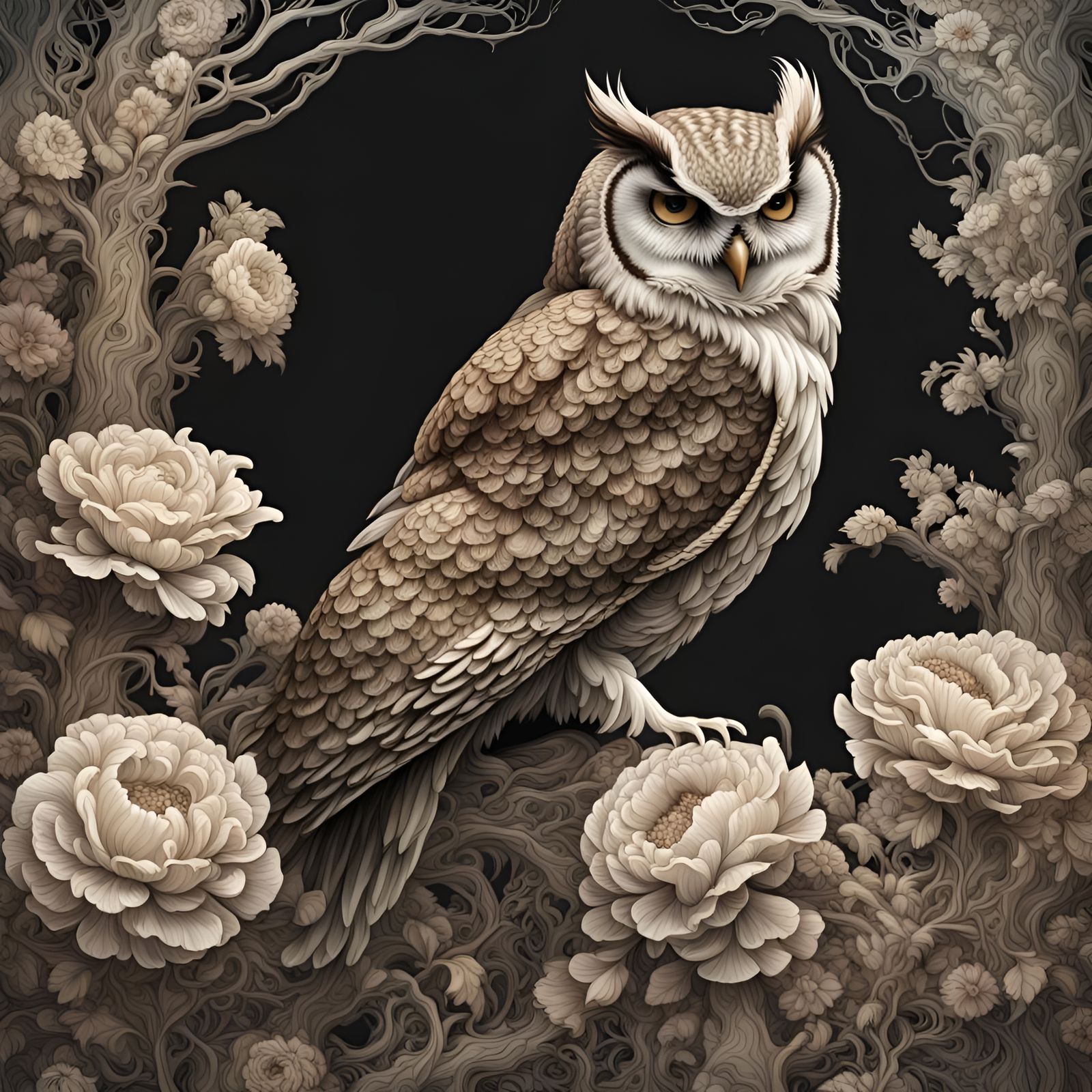 Arthur Rackham art style painting of a owl sitting on a ghostly lacey ...