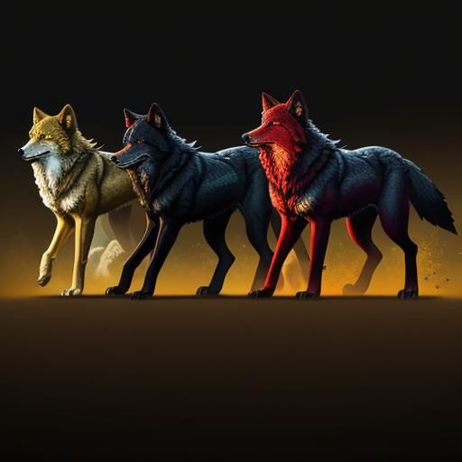 Trio of bright red wolf,yellow wolf, and black gold wolf - AI Generated ...