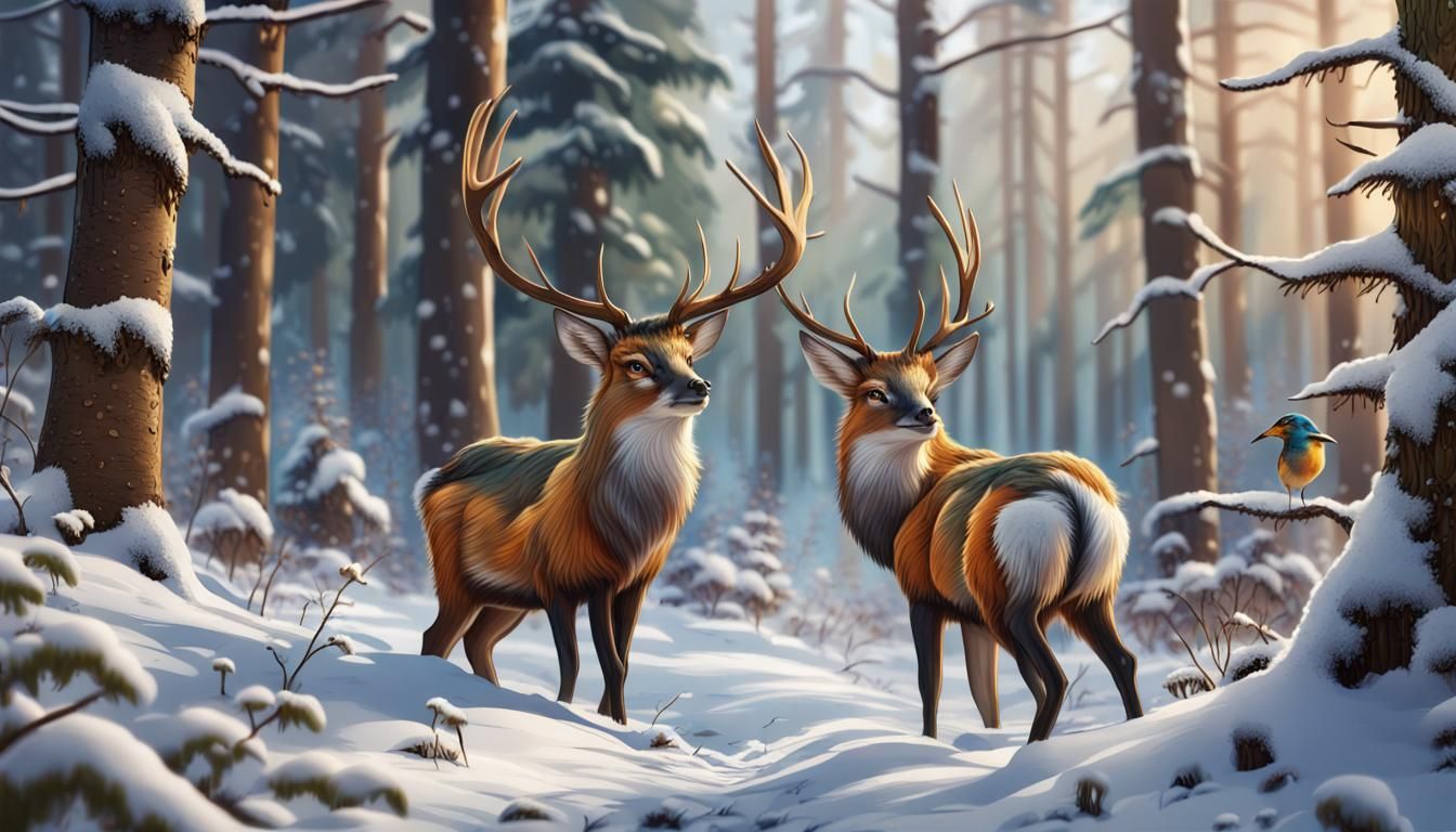 winter, Forest Glade, snow, forest animals and birds. Hyperrealistic ...