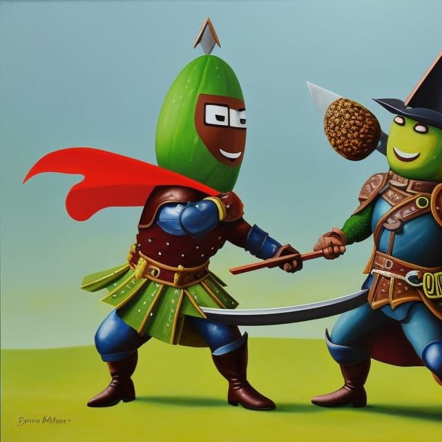Two avocado knights are fighting but one of them is actually a sausage ...