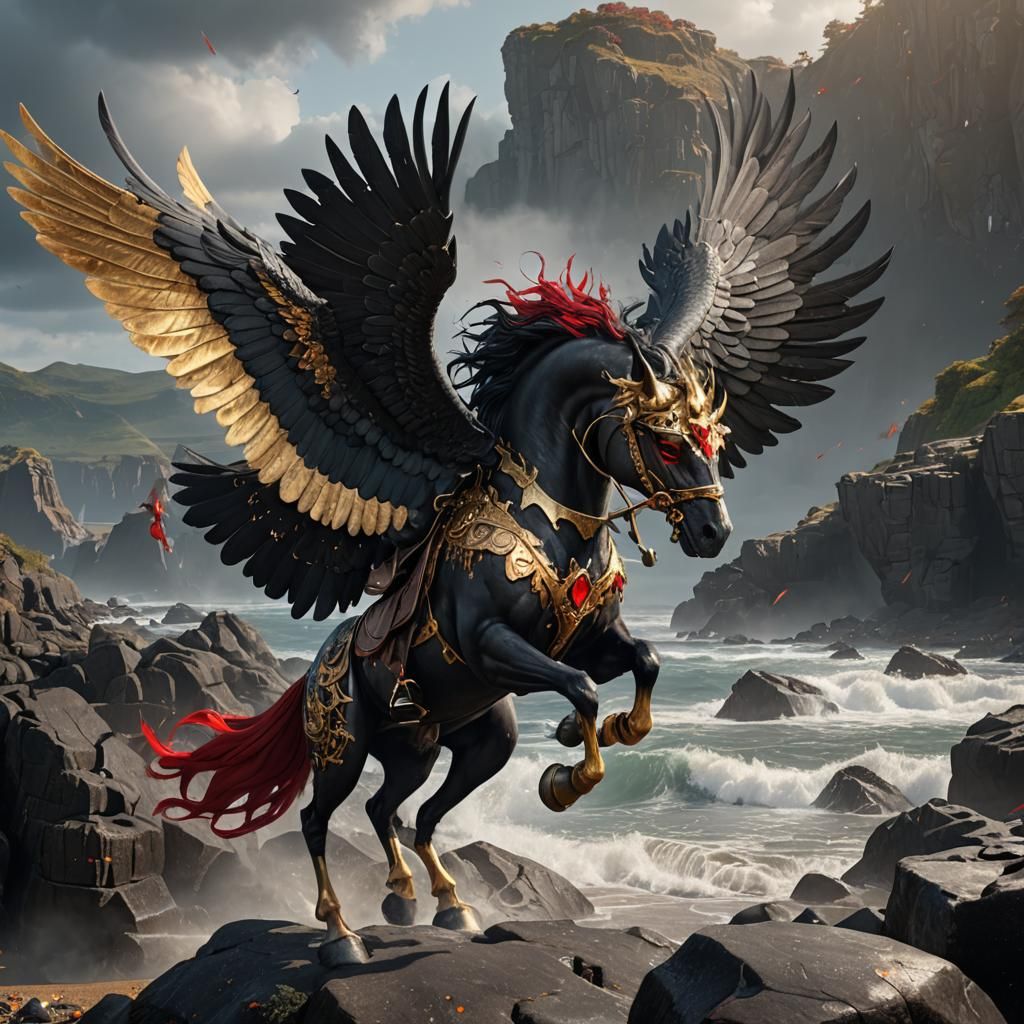 a black Pegasus with golden tack, no rider, standing on a rocky beach ...