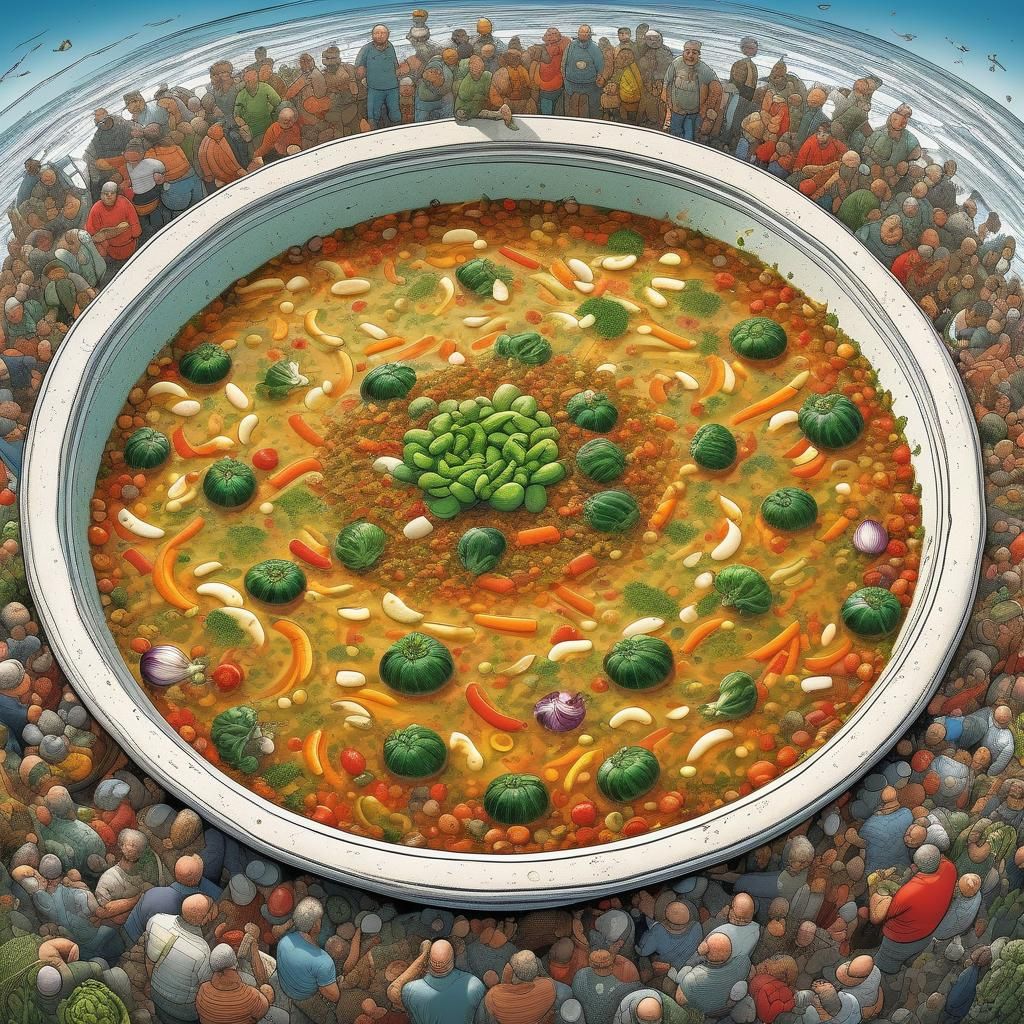 People swimming inside a giant bowl of vegetable soup by Sergio ...