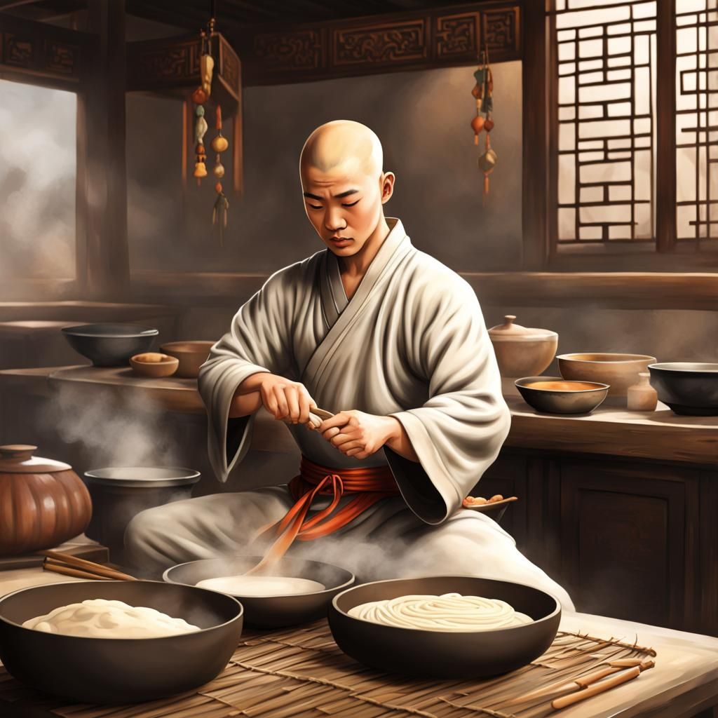 shaolin monk cooking dough, classic shaolin dress, western setting ...