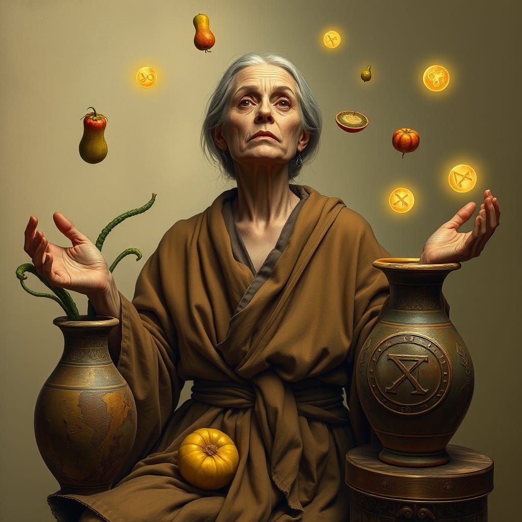 Serene Devotee Amidst Glowing Mutated Foods - AI Art