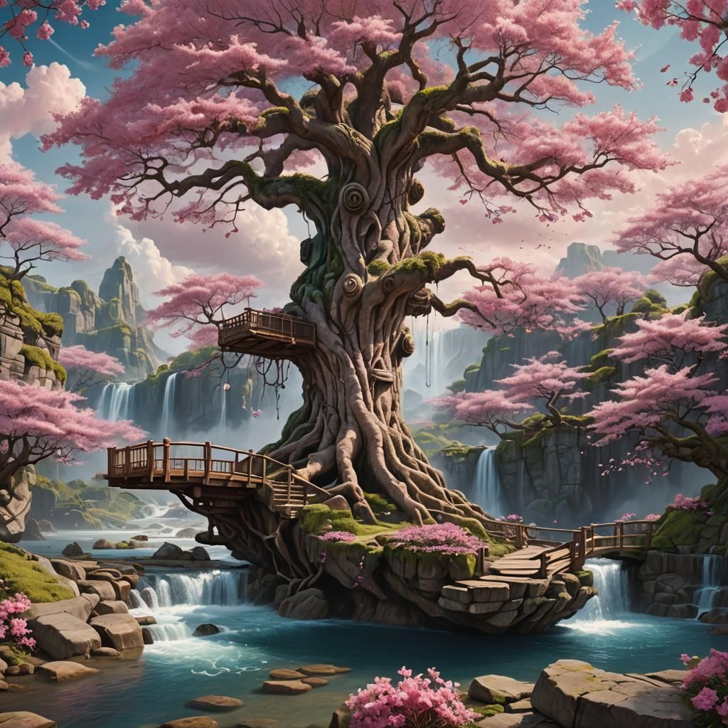 Magical Tree of Life in the Sky: An enormous, magical tree with pink ...
