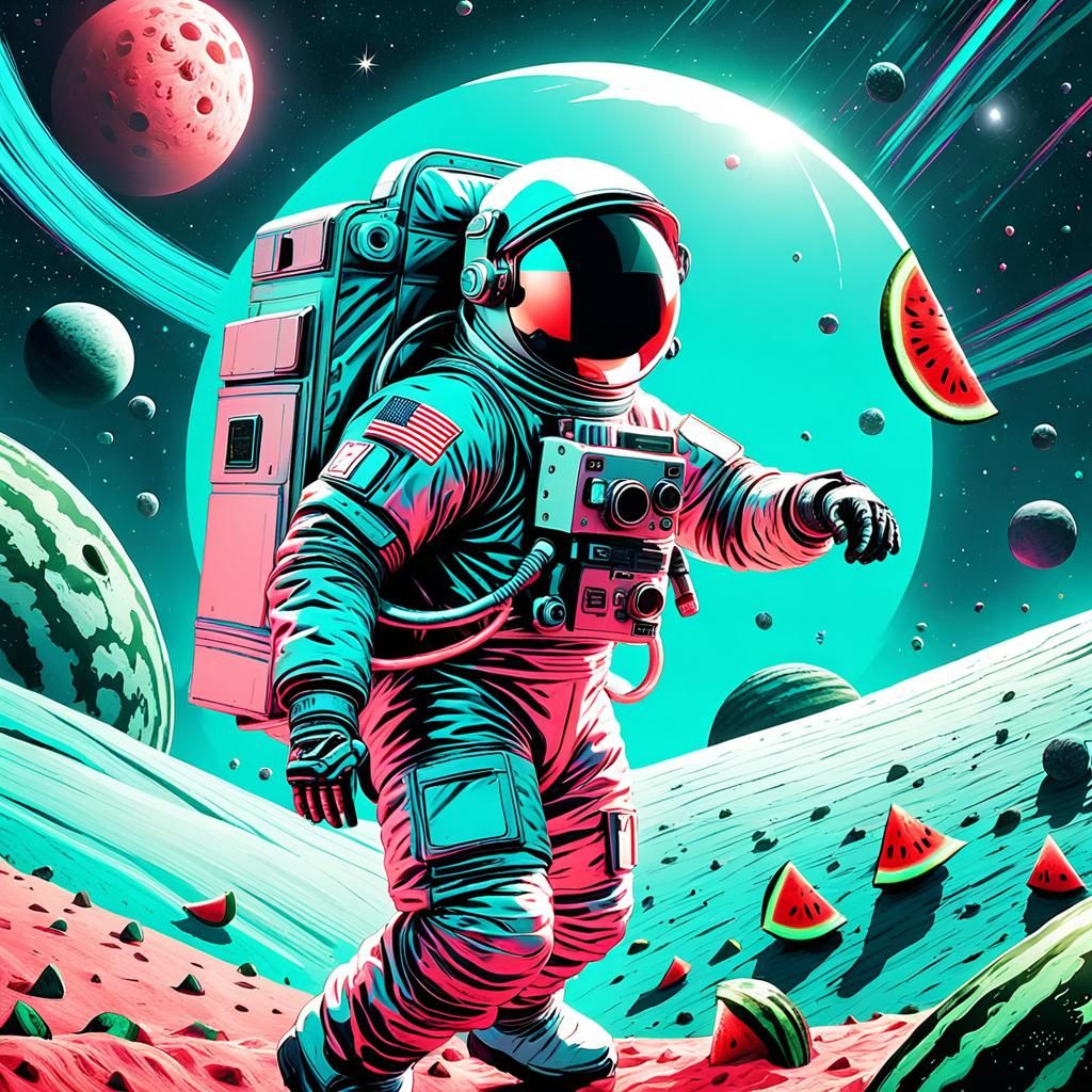 Astronaut performing a moonwalk dance on a surreal lunar surface ...