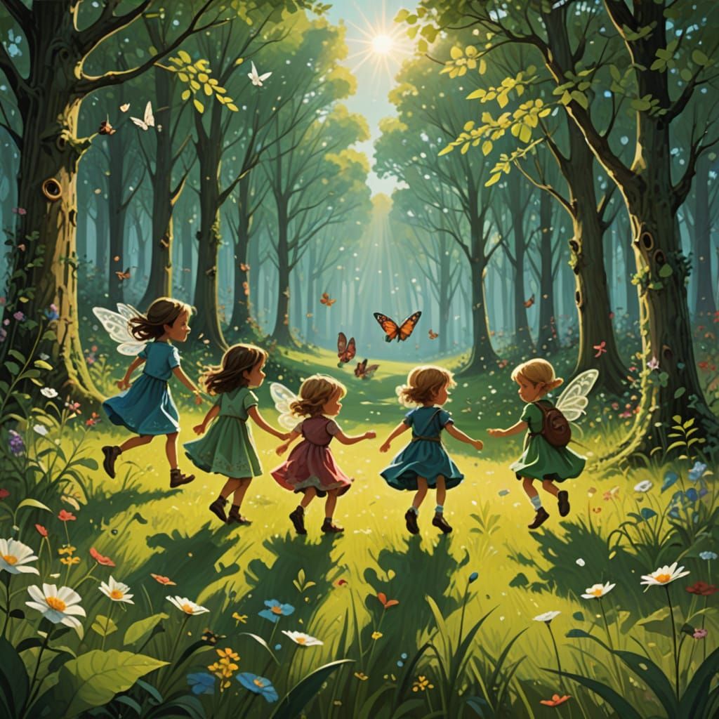 Pixies Play Tag in Enchanted Forest Meadow - AI Art