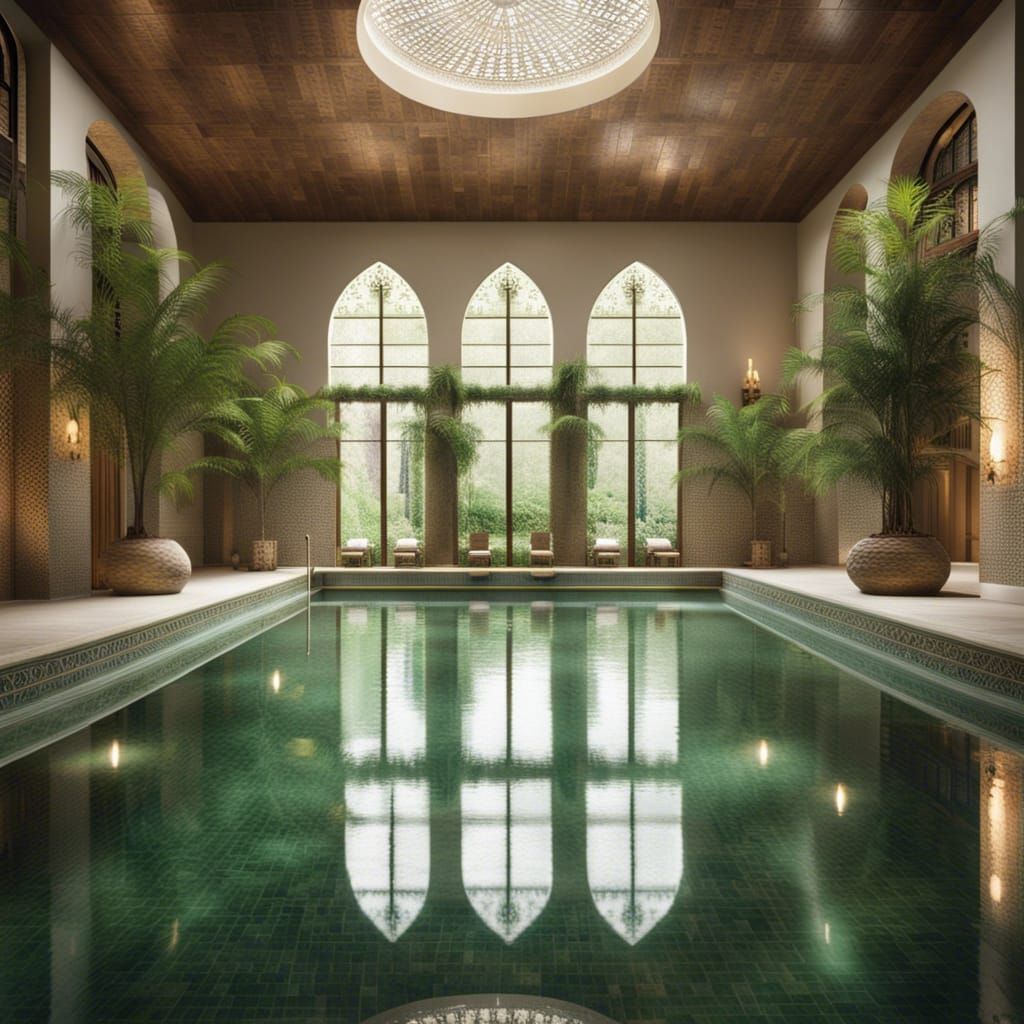 Huge indoor pool with greenery hammam oriental spa interior design - AI ...