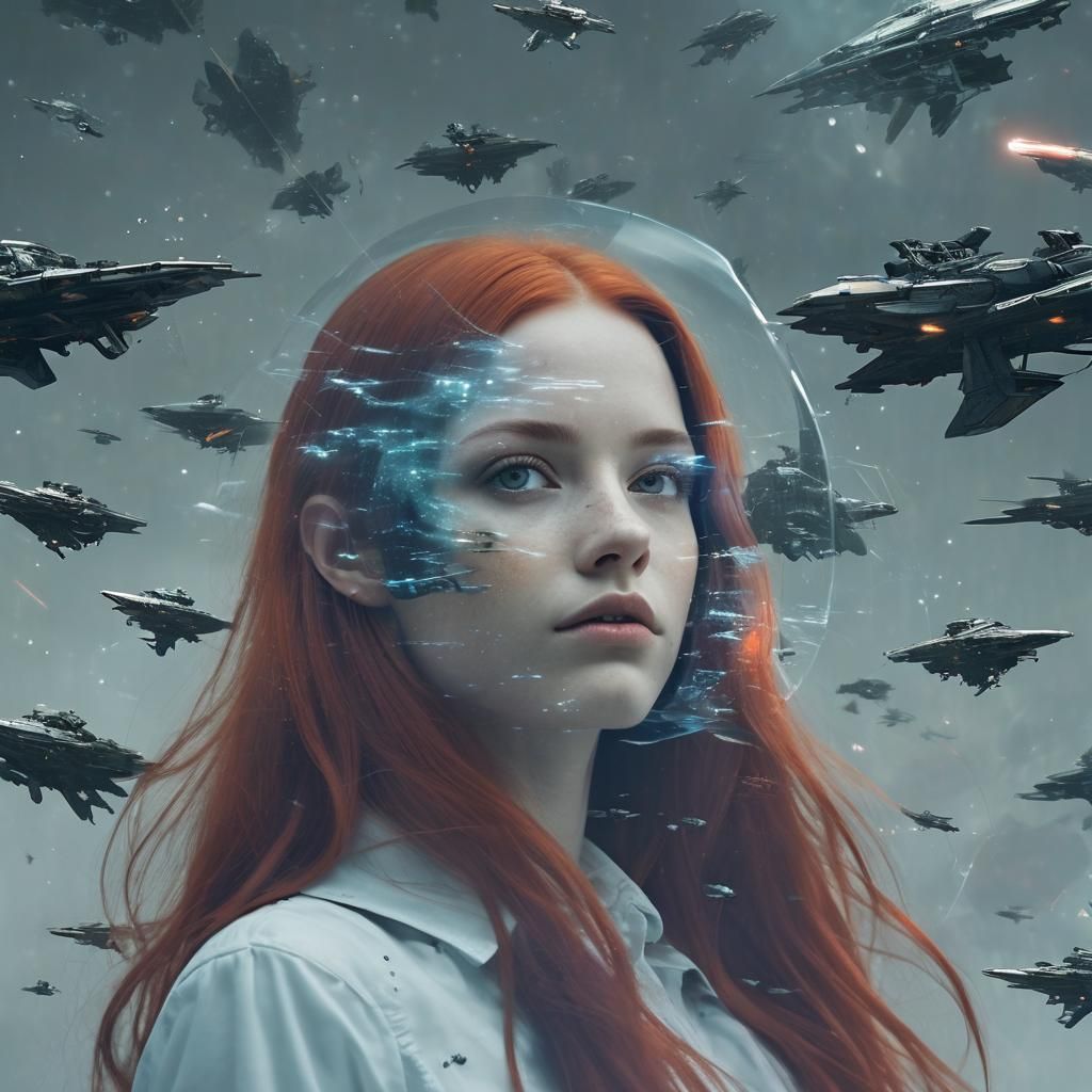 (double exposure) A girl dreams of fighting aliens in space combat - AI ...