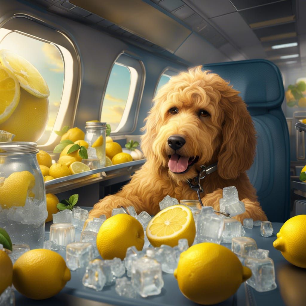 Golden doodles making ice cold lemon aid on an airplane. - AI Generated ...