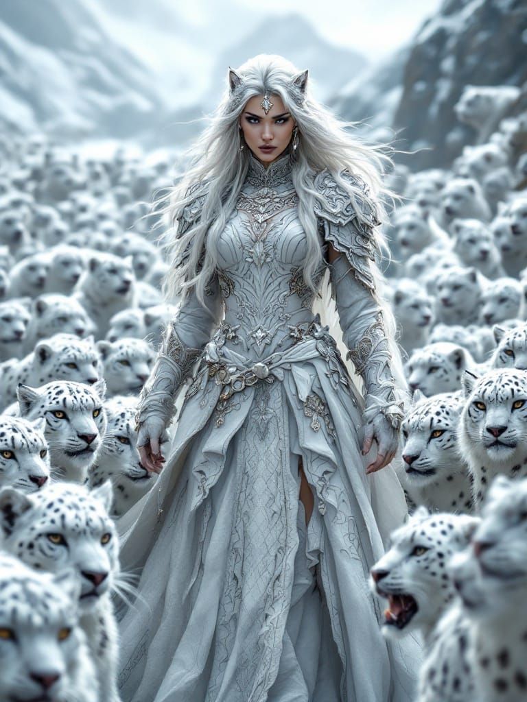 Snow Leopard Queen - Regal Snow Goddess in Majestic Snow Leo...