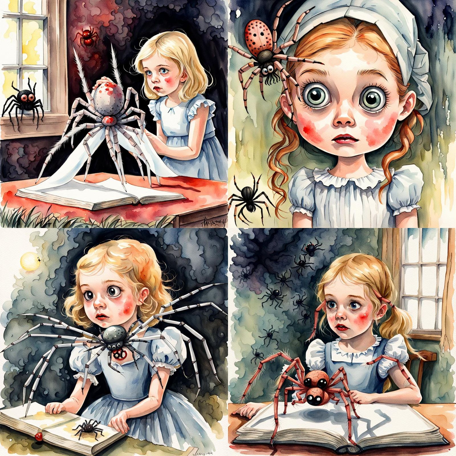 Portrait of Little Miss Muffet looking fearfully at an eight-legged ...