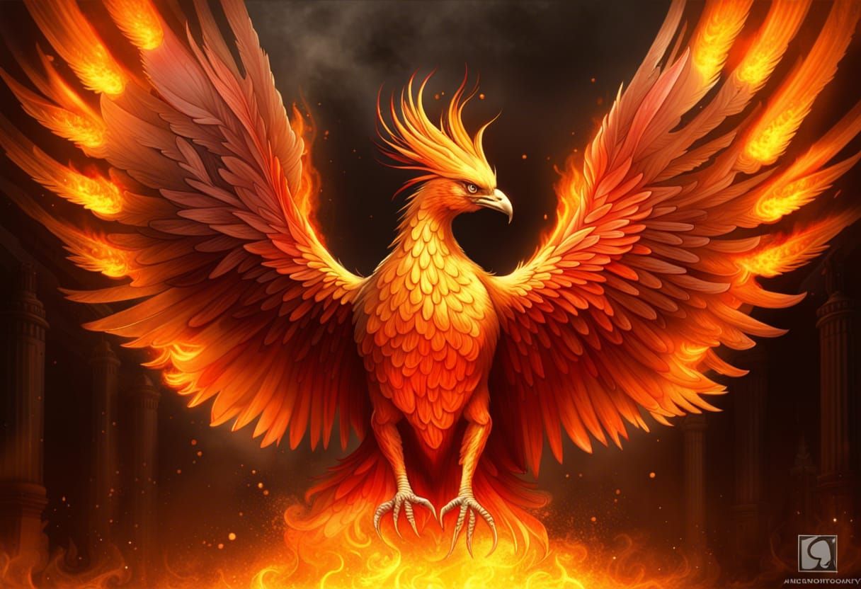 A majestic phoenix bird rising from fire and ashes with soft flames ...