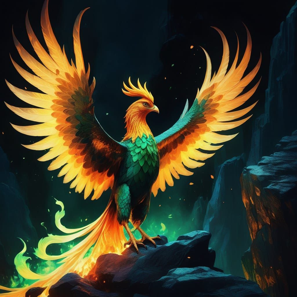 A Phonix that burns in a green golden colour and has shiny crystal skin