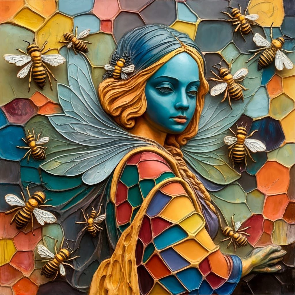 Hand-painted plaster background, vibrant embossed relief of a Queen bee ...