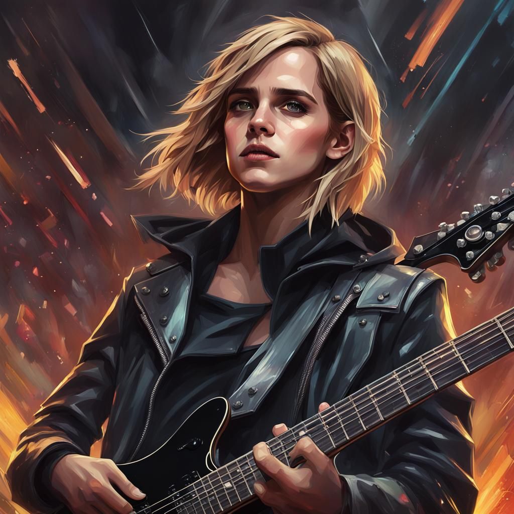 metalhead emma watson playing a black electric guitar with leather coat ...