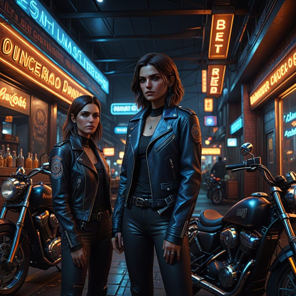 Moody Biker Women in Midnight Diner, Fantasy Conce... - AI Art