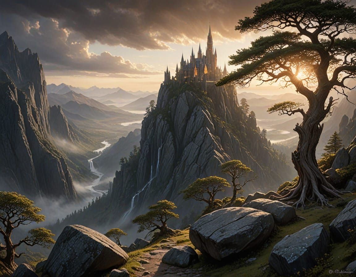 Gothic Elven Castles Amidst Rugged Mountains - AI Art