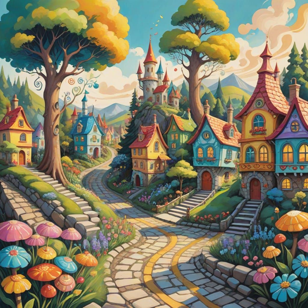 Whimsical Storybook Town in Vibrant Acrylic Colors - AI Art