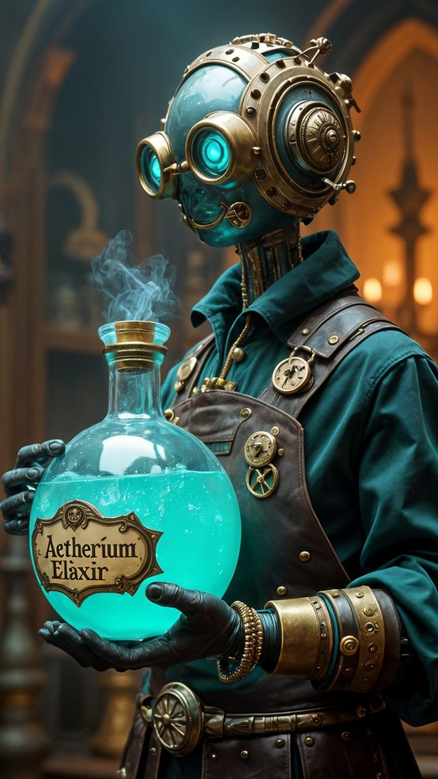 Steampunk Alchemist Holds Enigmatic Aetherium Elix... - AI Art