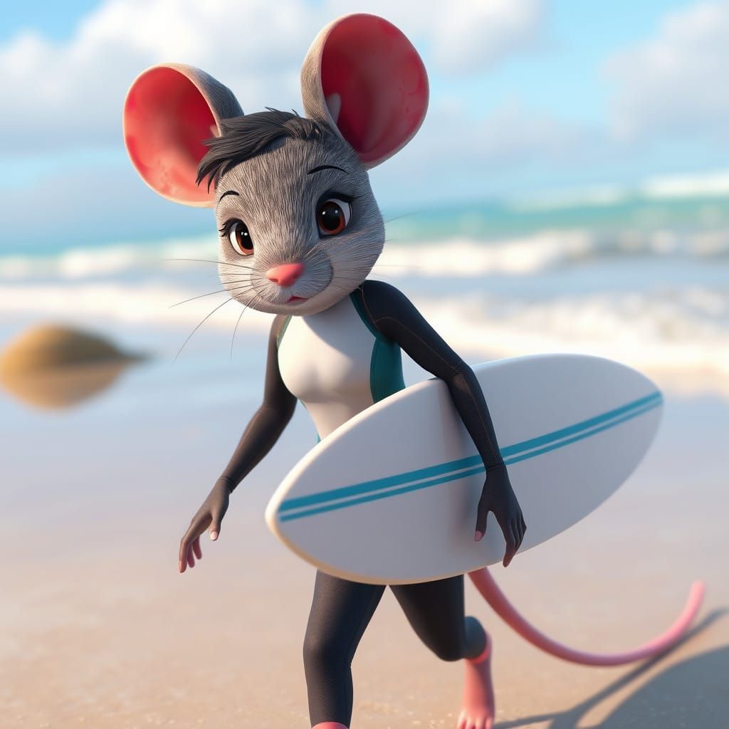 Humanoid Female Surfer Mouse in 3D Anime Art Style - AI Art