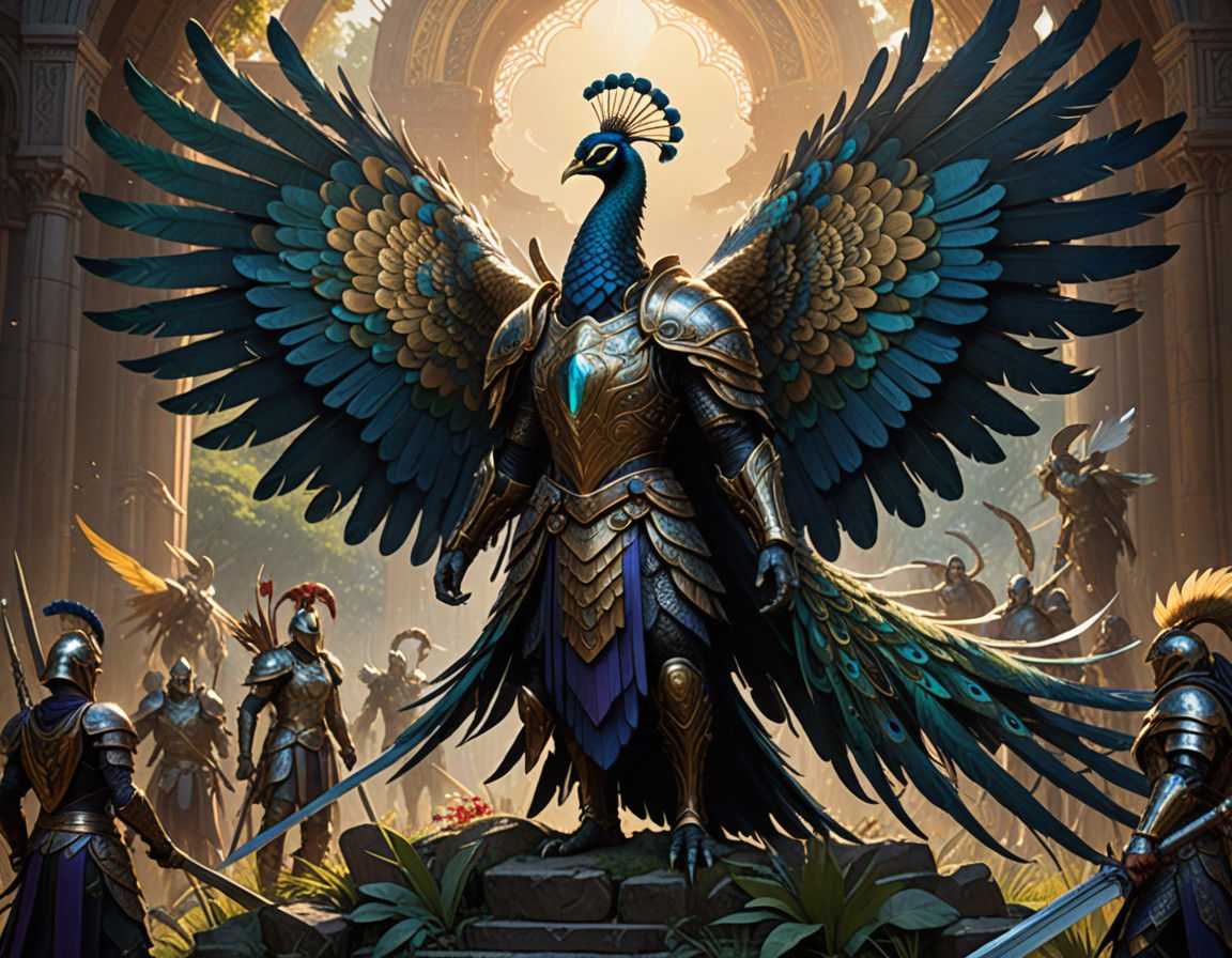 The leader of a Warrior Peacock army resplendent in iridescent armor ...
