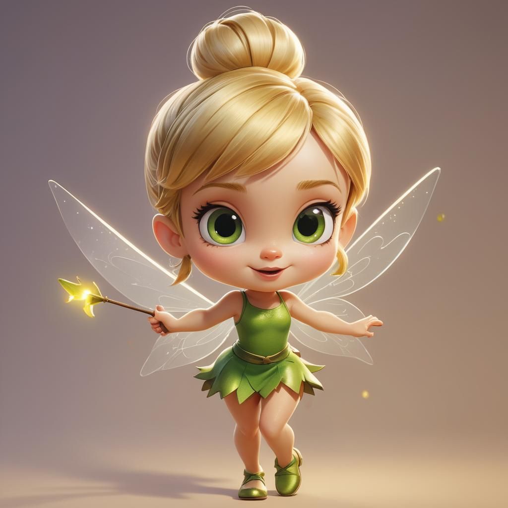Cute chibi Tinkerbell ; 2D cartoon painting by Peter de Sèvre, Pixar ...