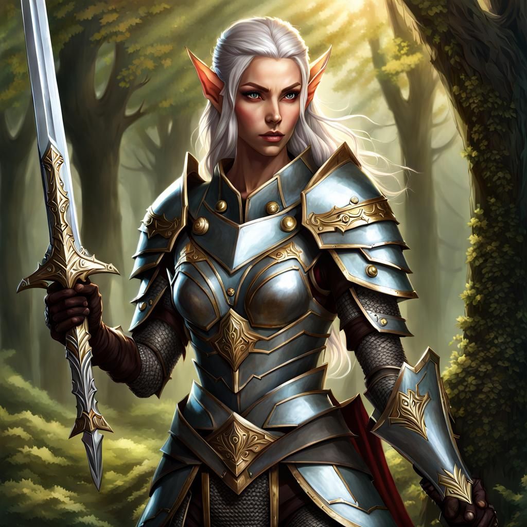 a female elf warrior with heavy armor holding the holy sword of life ...