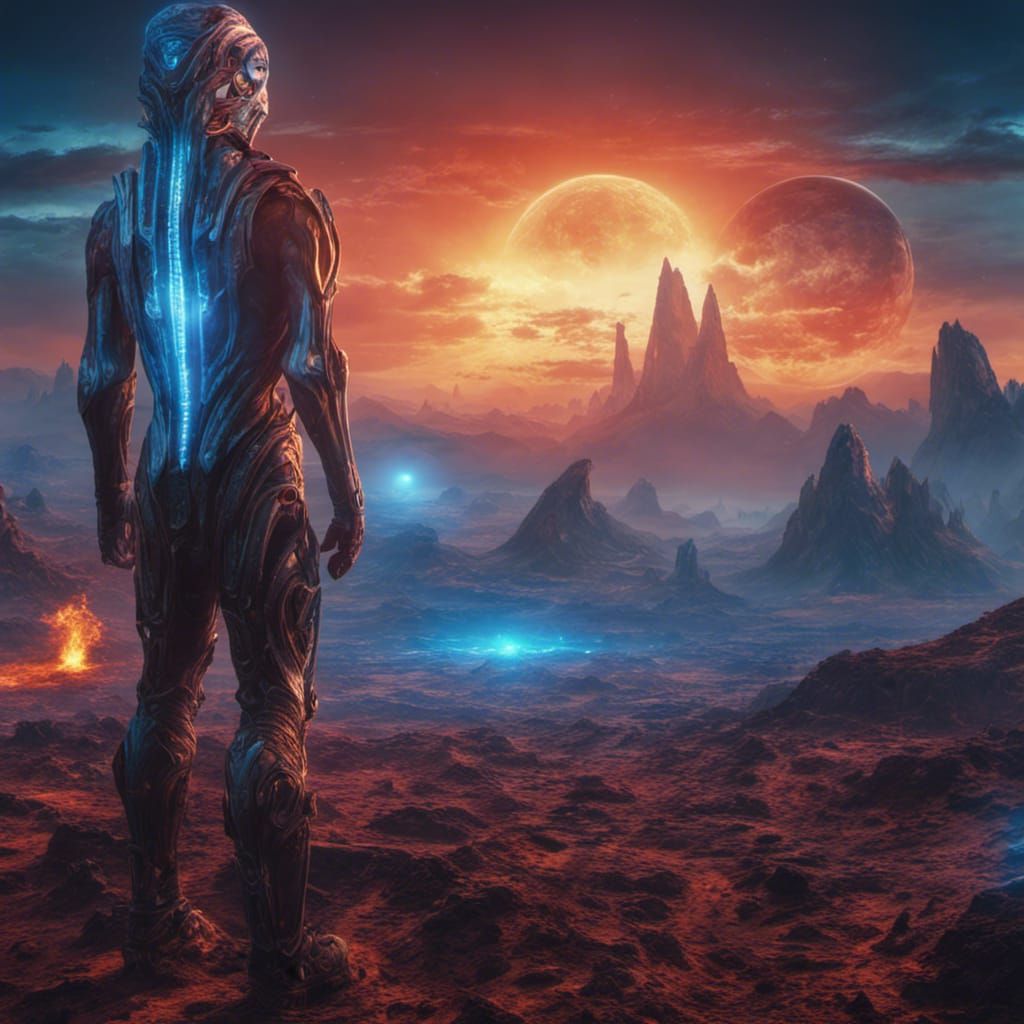 Laser blue and fire and hibrid ciborg looking the horizon alien scenary ...