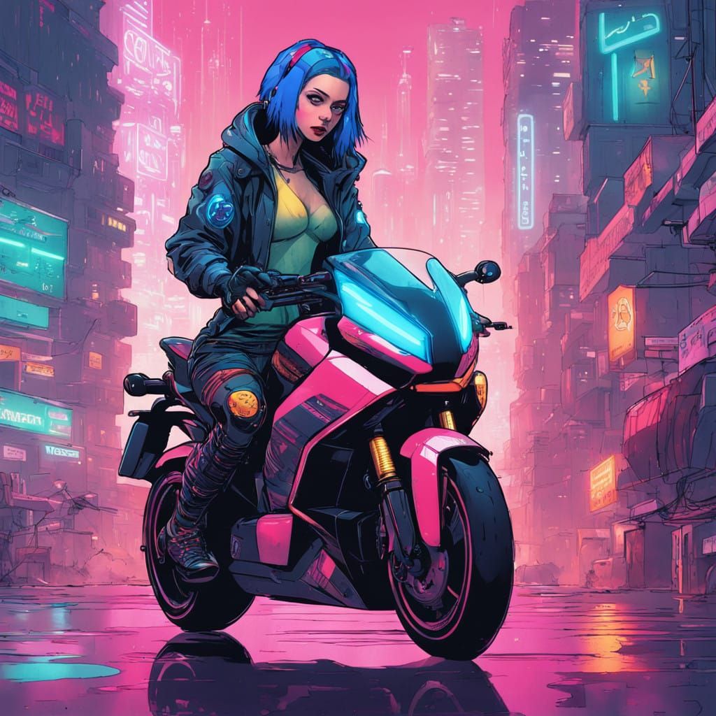 illustration by Hajime Isayama, a cyberpunk girl on a motorbike with a ...