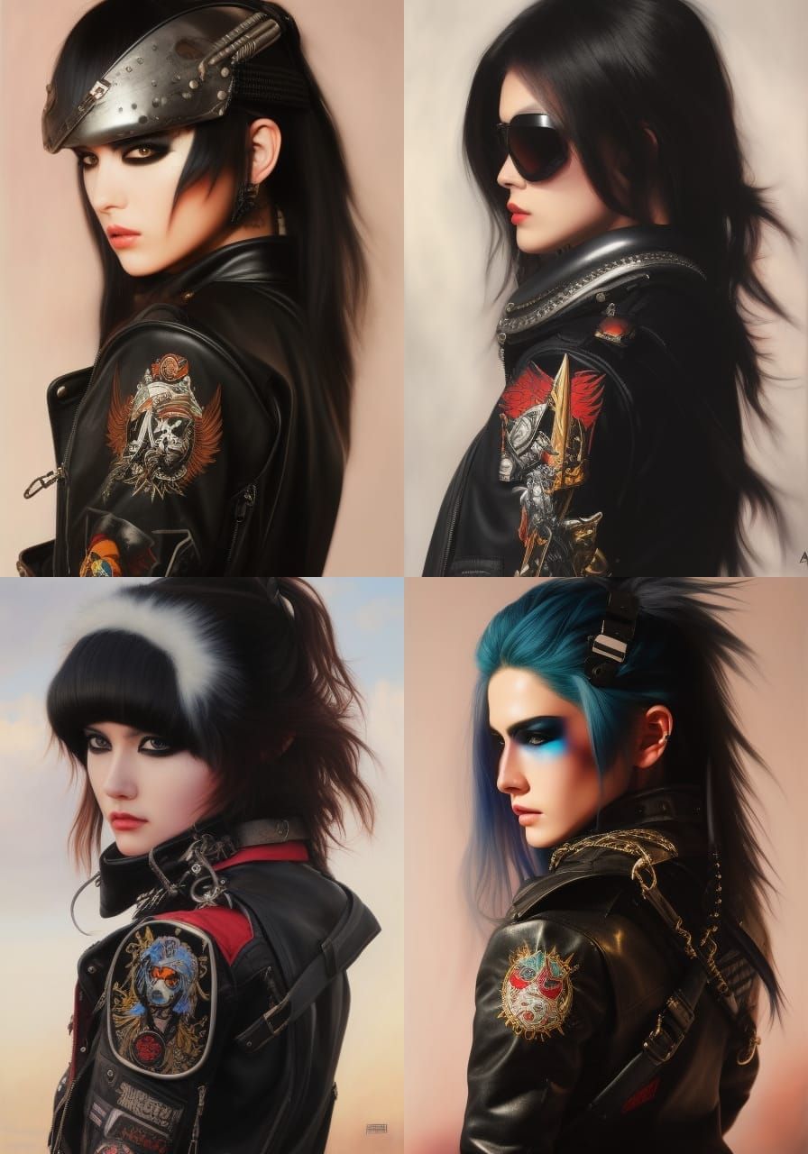 cute punk rock girl, mad max jacket, renaissance, cables on her body ...