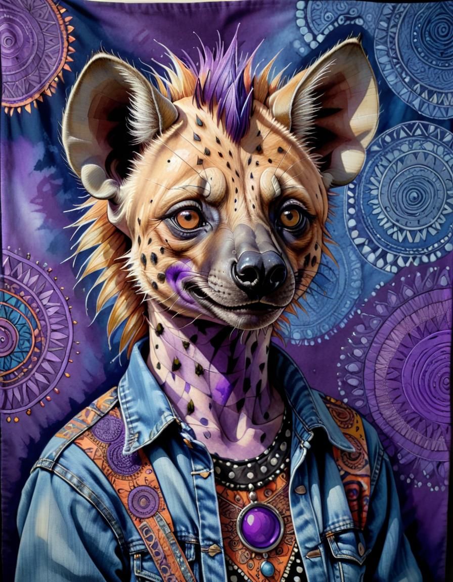 Portrait, Hyena, denim, purple mohawk, Sinister zentangle, Tapestry ...