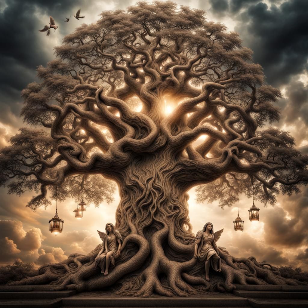 Double tree of life with angels hovering - AI Generated Artwork ...