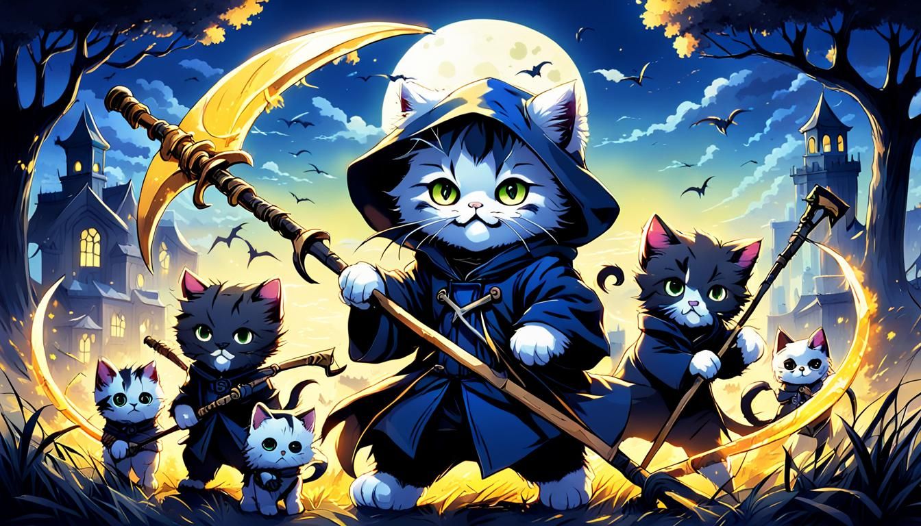 Fluffy kittens dressed in Grim Reaper's cloak holding a scythe - AI ...