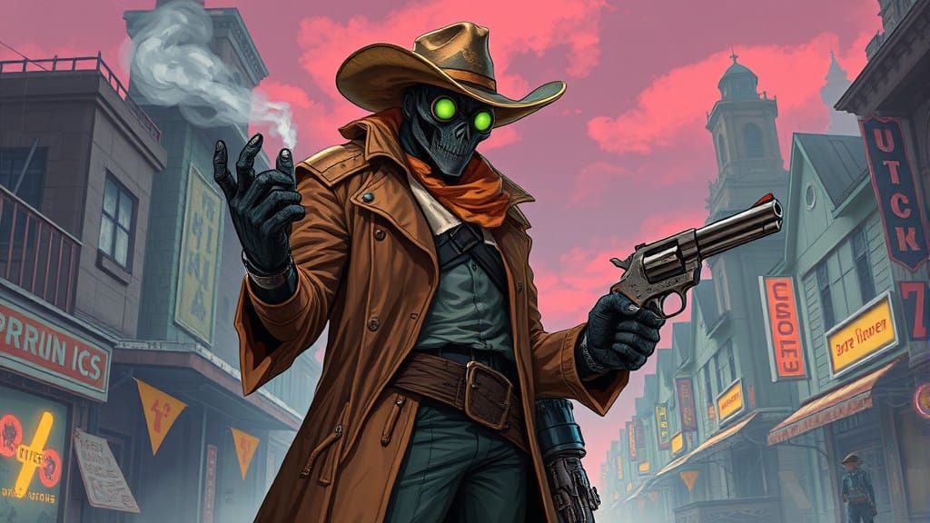 Cybernetic Cowboy Android in Fading Dystopian Town - AI Art